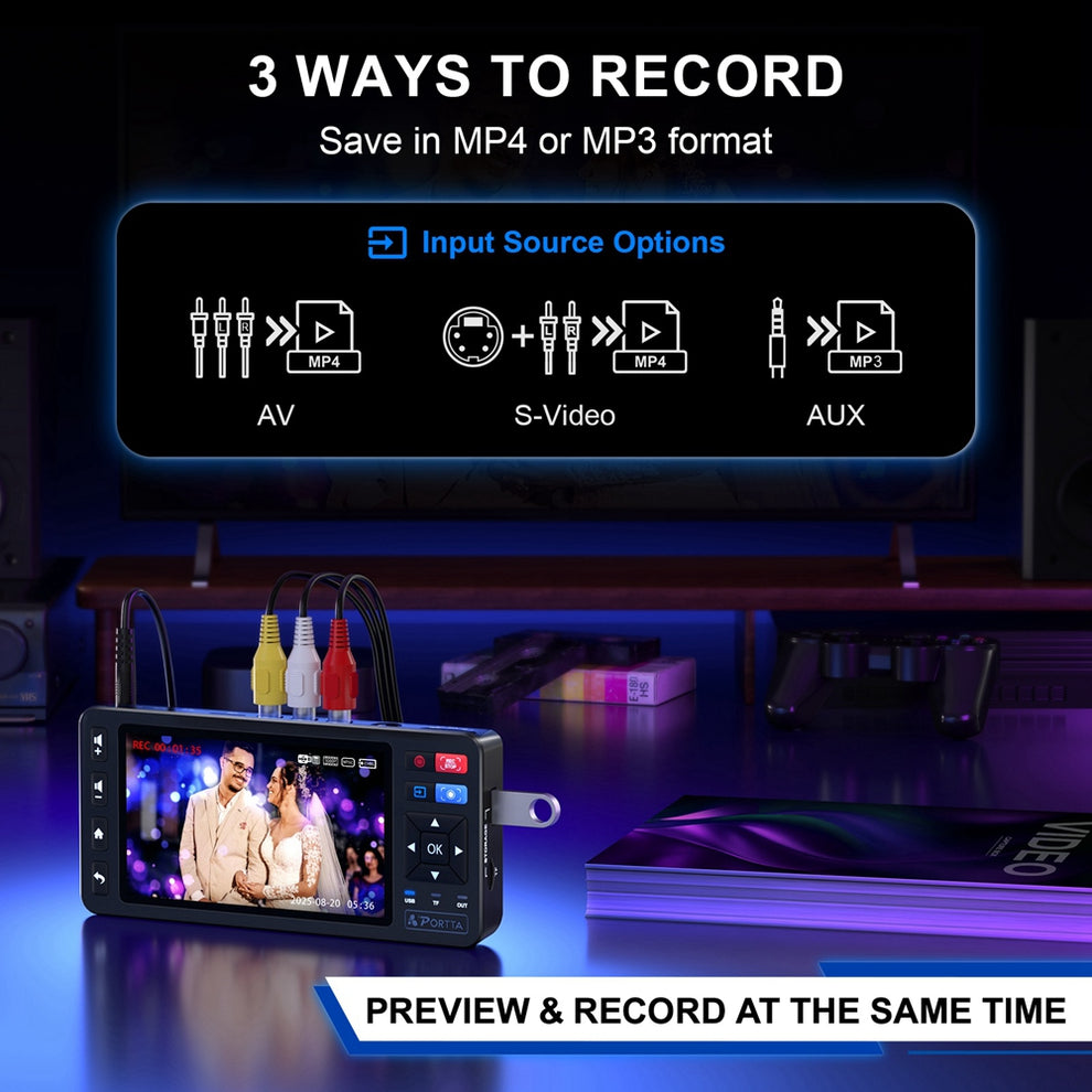VHS to Digital Converter with 5" HD Screen AV + S-Video – PORTTA